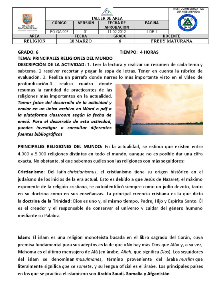 6-Religion Actividad Lectura No. 3 Principales Religiones Del Mundo | PDF | Religiones ...