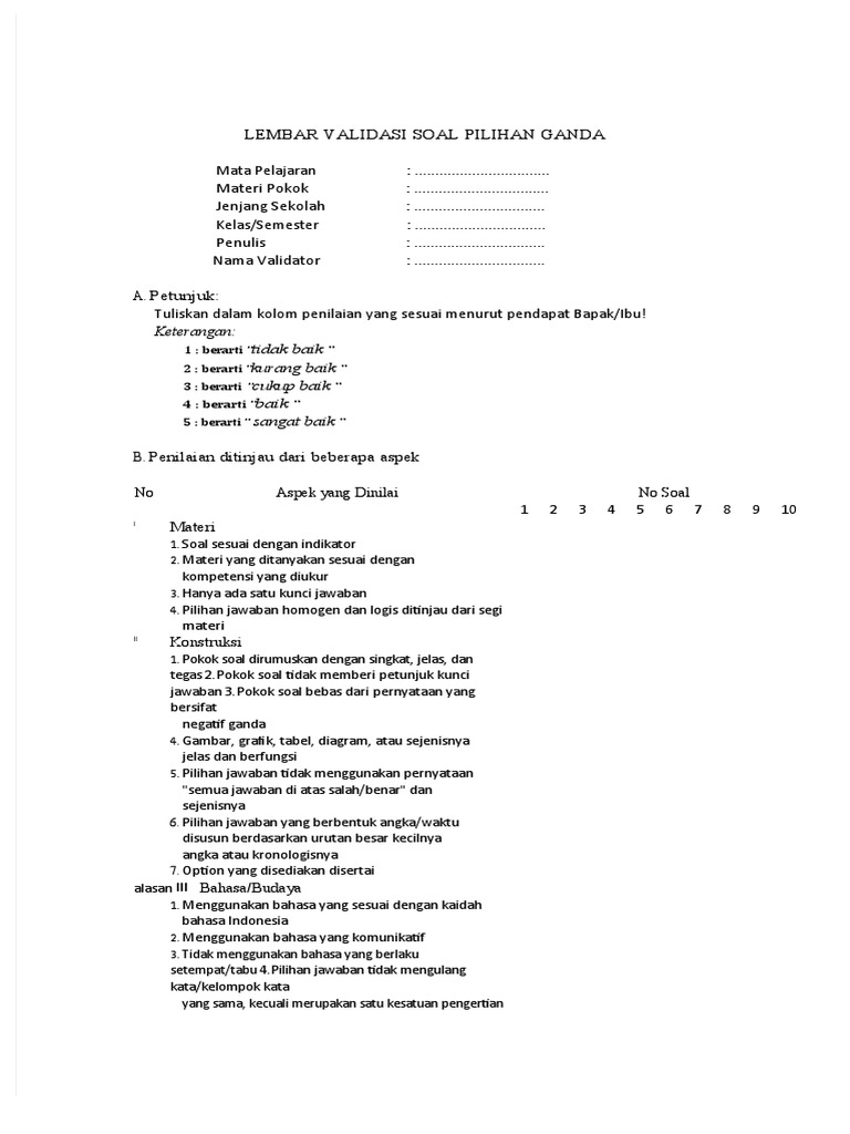Validasi Soal Pilihan Ganda Pdf