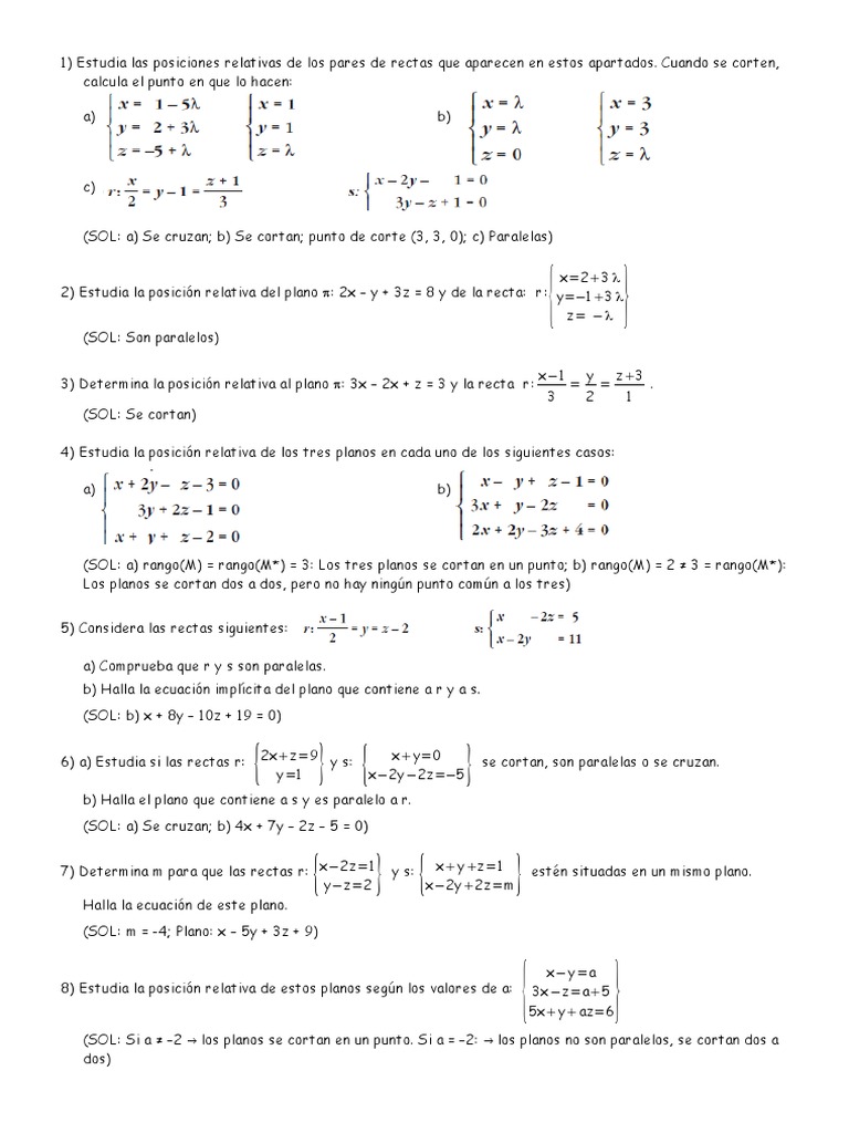 EJERCICIOS GEOMETRÍA (Posición Relativa) | PDF | Geometria plana ...