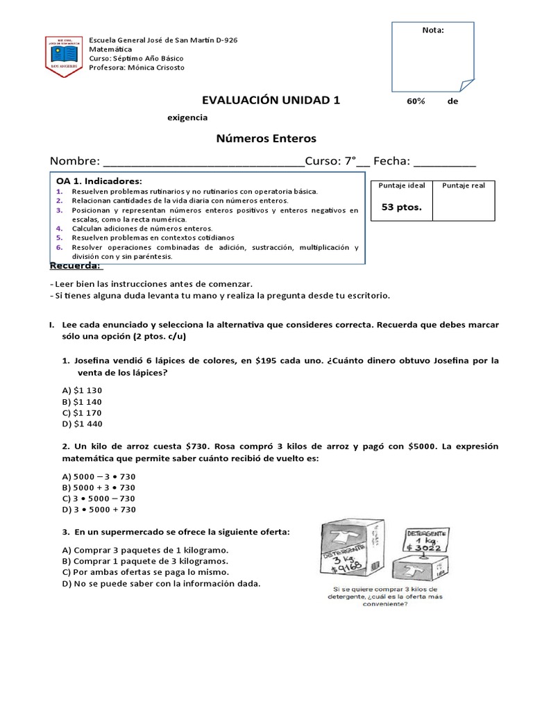 Evaluación Séptimo Marzo 2023 | PDF | Multiplicación | Entero