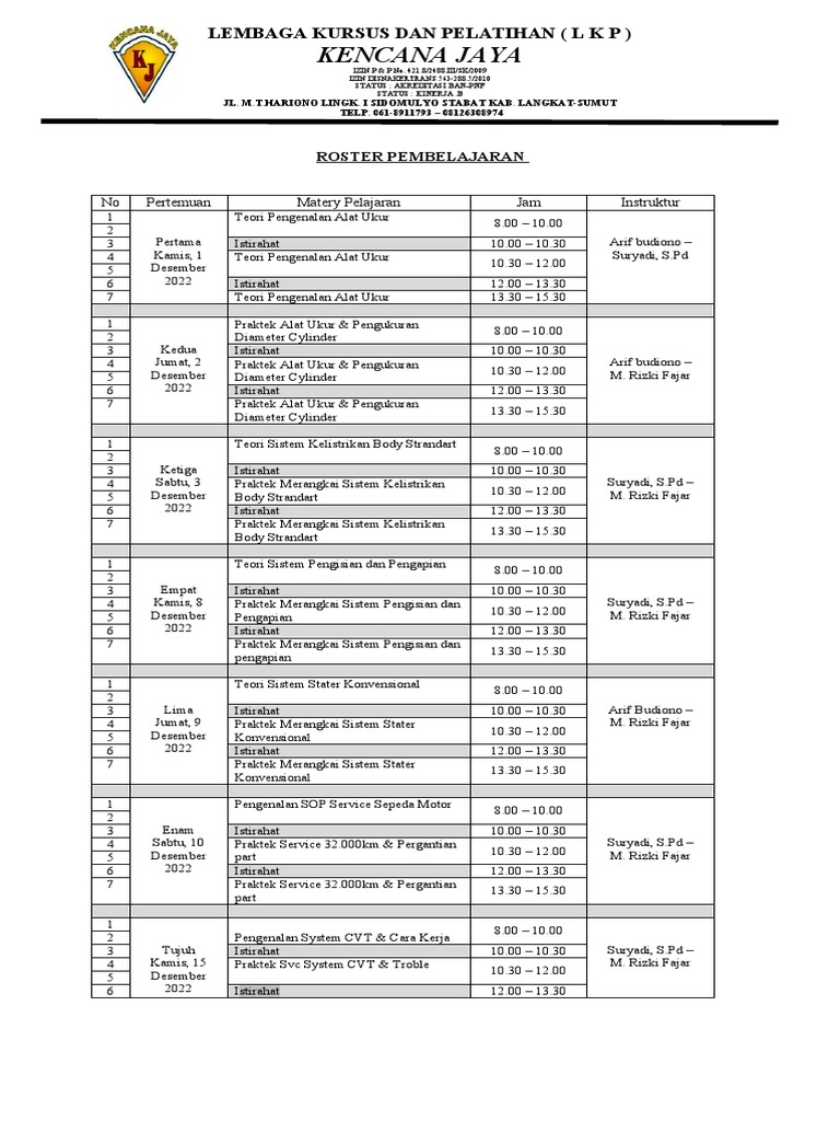 ROSTER KEGIATAN SDM GURU LKP | PDF