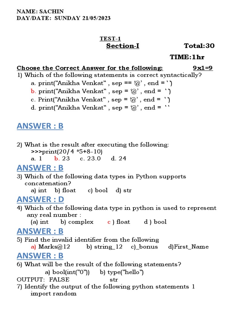 Test 1 (+1 Portions Part-I) CS | PDF | Python (Programming Language ...