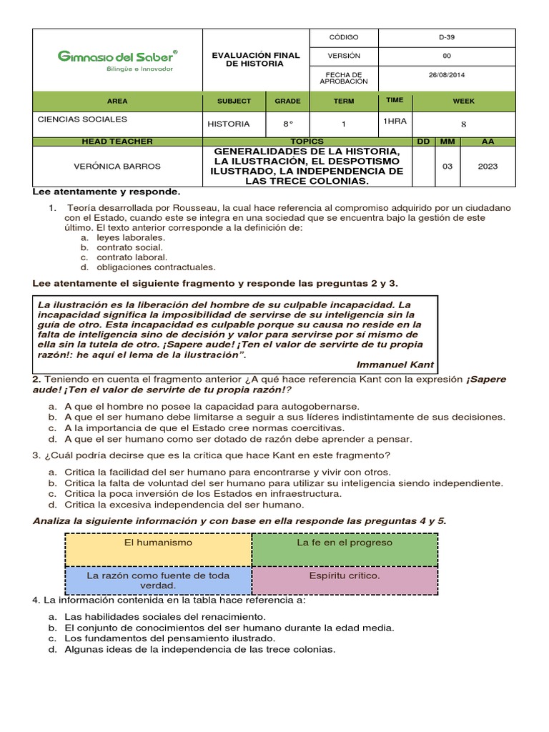 8° Evaluación Final de Historia Periodo 1 2023 | Descargar gratis PDF | Era de iluminacion ...