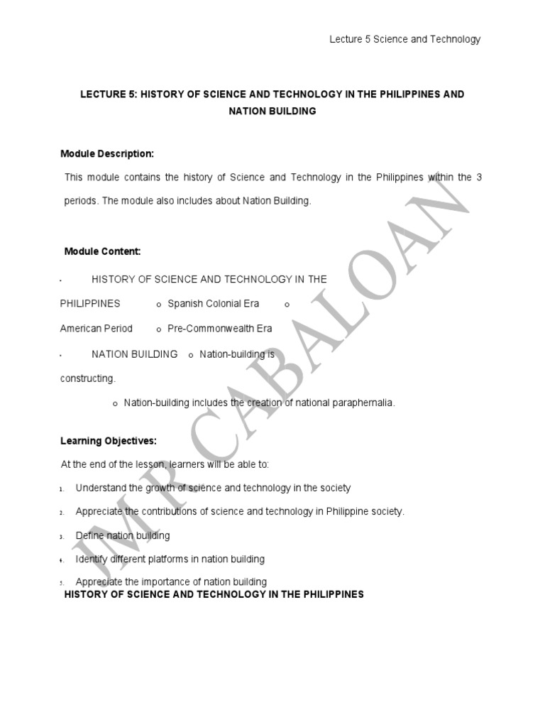 Sts Lesson 2 Nation Building and History of Science and Technology in ...