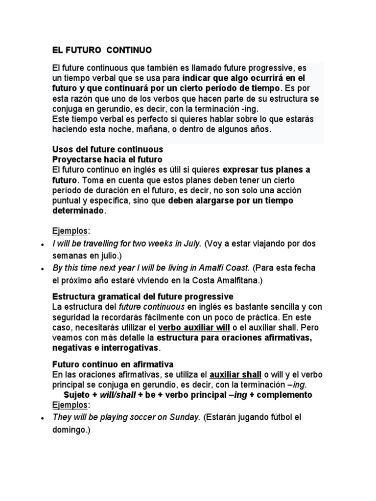 El Futuro Continuo Y Perfecto Pdf Verbo Gramática