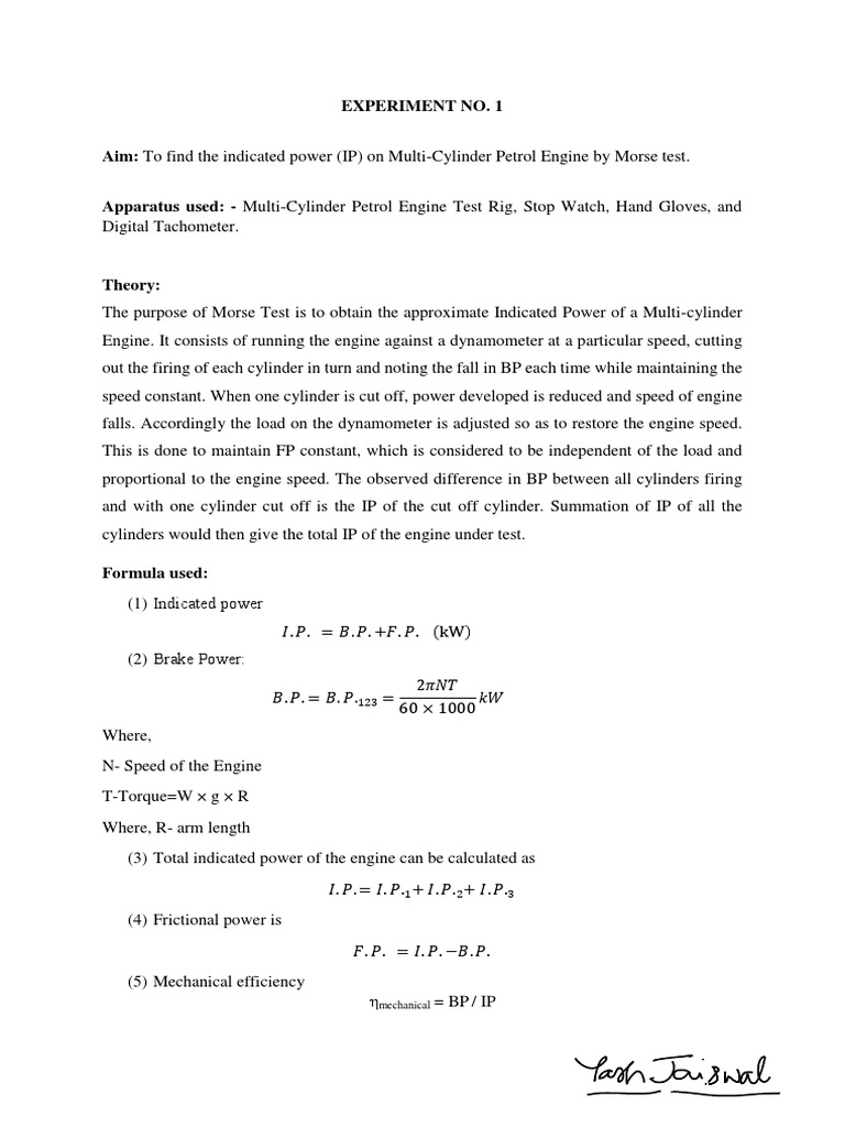 Experiment No.1 S | PDF | Internal Combustion Engine | Engines