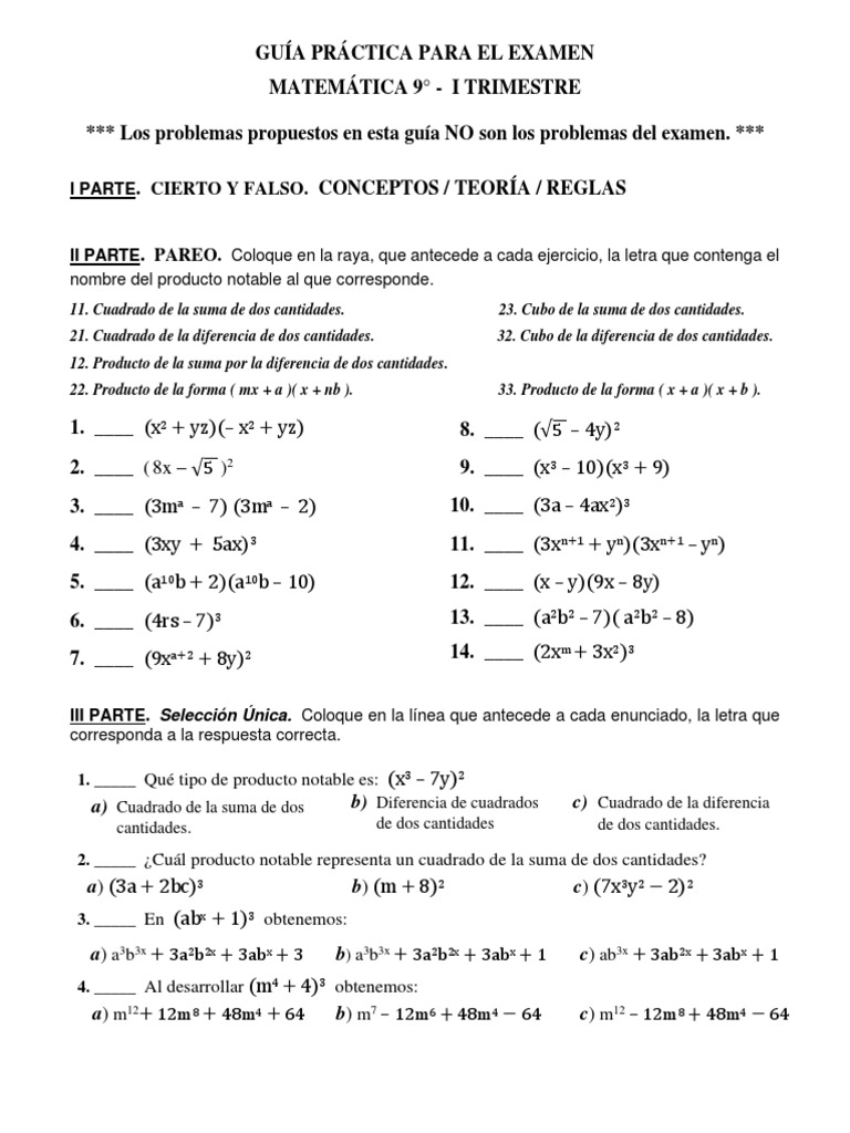 Ejercicios de Productos Notables 9° | PDF | Métodos y materiales de enseñanza | Informática