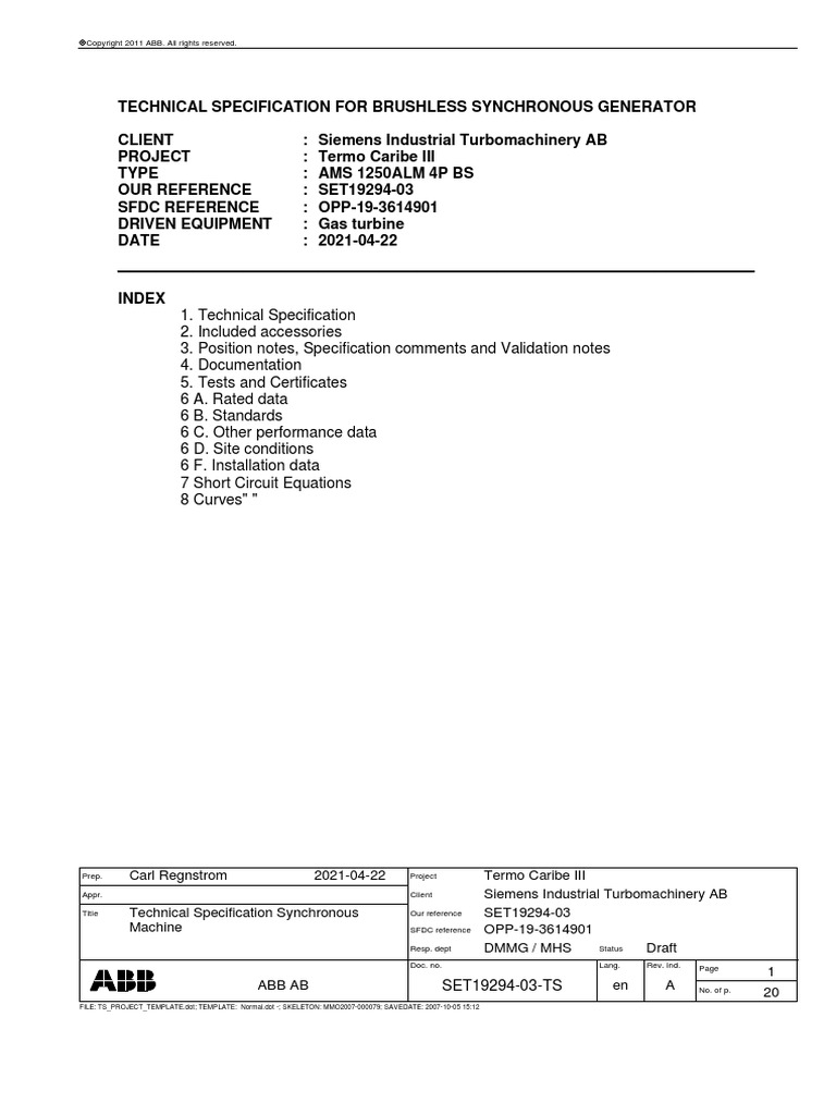 500 - SET19294-03-Generator Technical Specification | PDF | Bearing ...