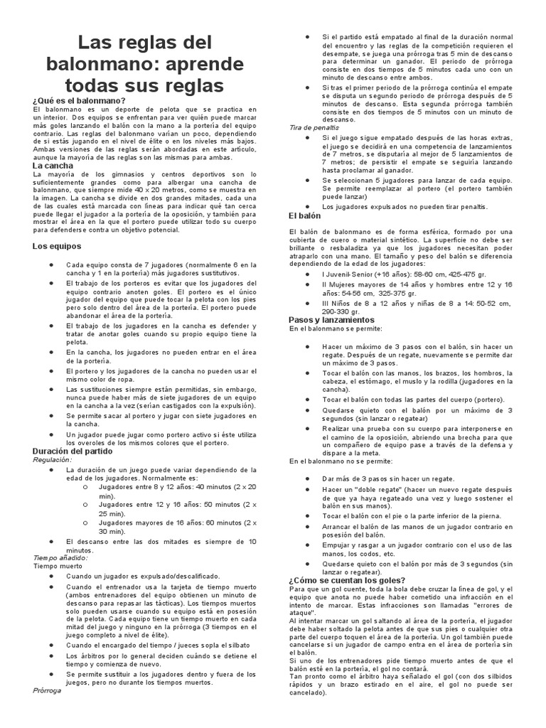 Las Reglas Del Balonmano | PDF | Deportes atléticos | Juegos de pelota