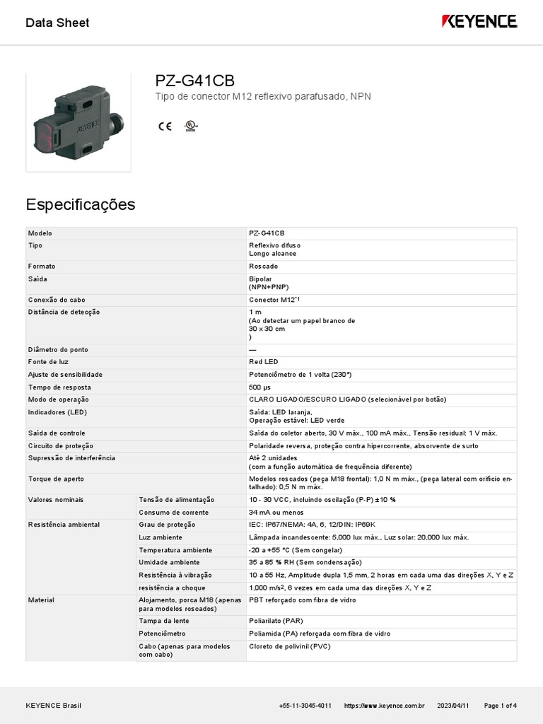 Sensor Reflexivo PZ-G41CB M12 NPN | PDF