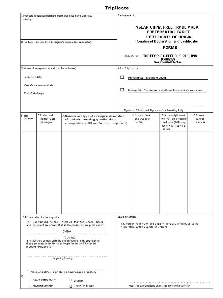 Form E: Asean-China Free Trade Area Preferential Tariff Certificate of ...