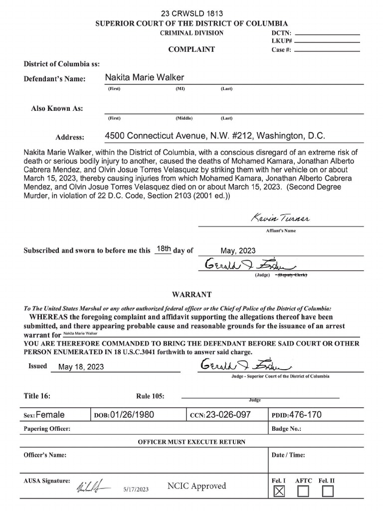 2023 CRW 001813 - Arrest Warrant Filed-Felony 5-18-2023 - Walker Nakita ...