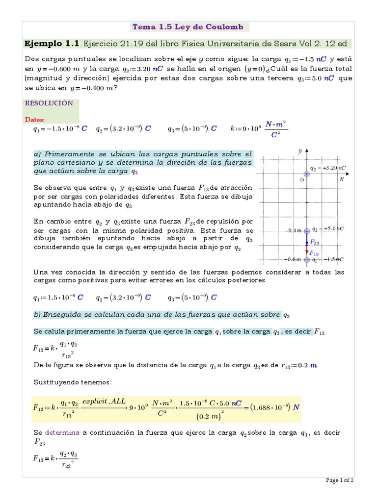 Ejemplo 1.1 Ley de Coulomb Ejercicio 21.19 Fuerza Electrica Sears Vol 212a Ed | Descargar gratis ...