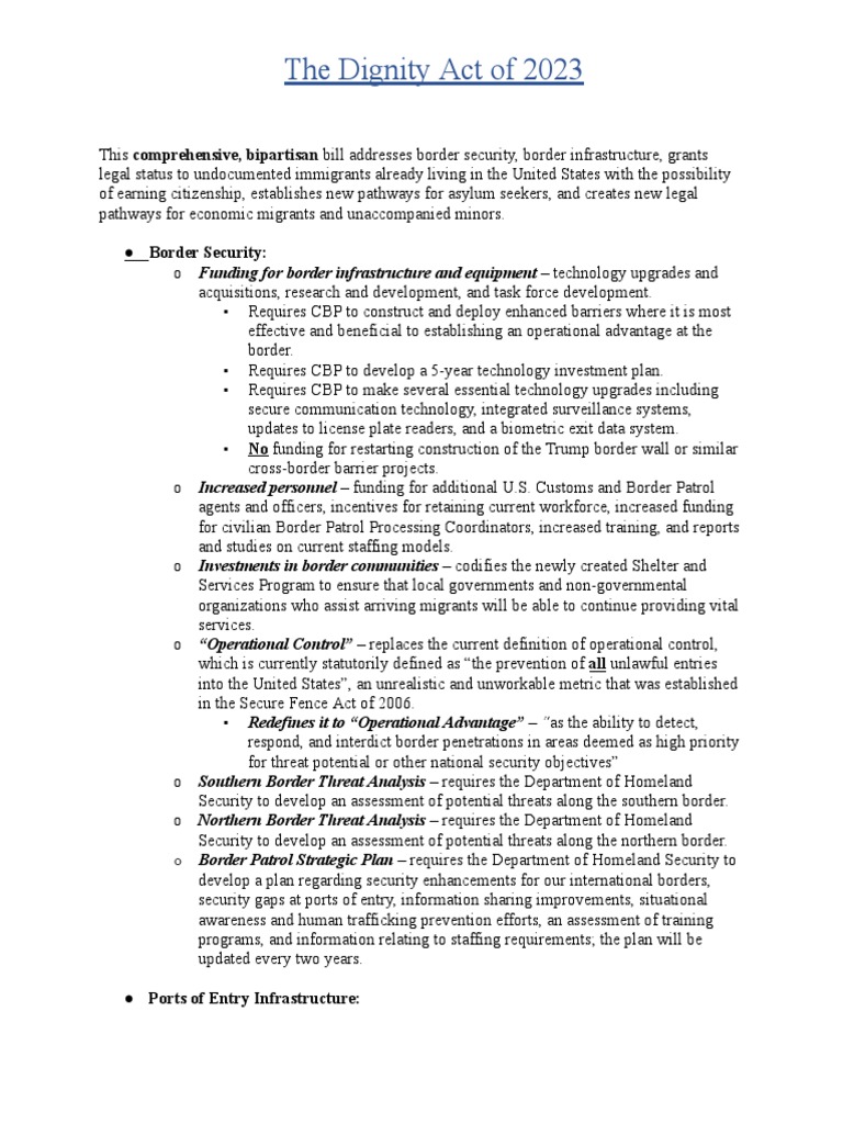 The Dignity Act of 2023 One Pager | PDF | Asylum Seeker | Travel Visa