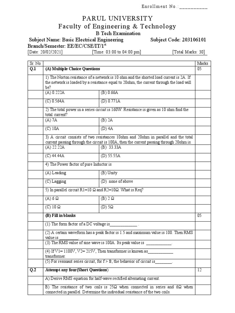 Bee - Mid Paper | PDF | Series And Parallel Circuits | Electrical Network