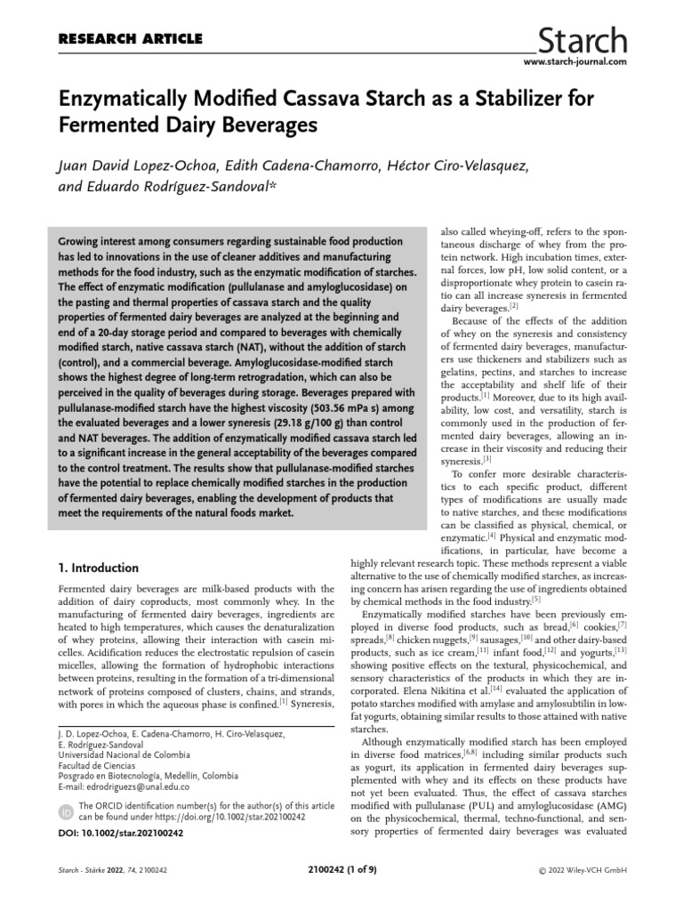 Lopez Ochoa Juan David Enzymatically Modified Cassava | PDF | Starch ...