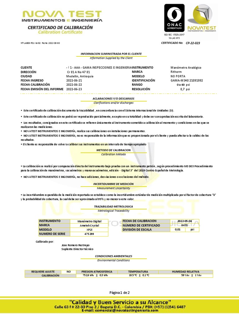 CP 22 023 | PDF | Calibración | Incertidumbre