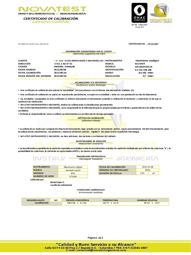 CP 22 067 | PDF | Calibración | Teoría de la medida