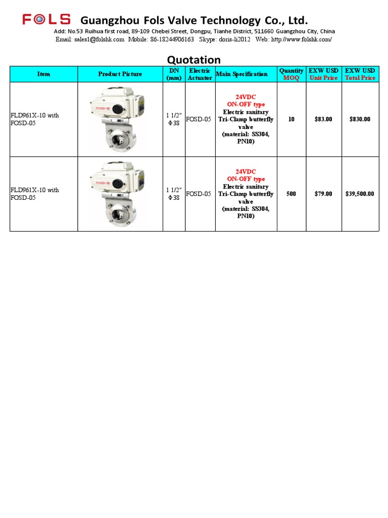 FOLS Electric Sanitary Butterfly Valves | PDF | Valve | Electrical ...