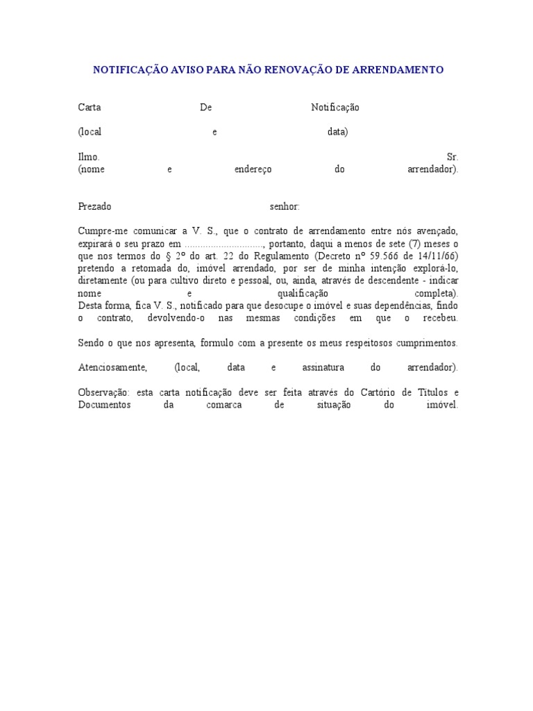 Notificacao Aviso para Nao Renovacao de Arrendamento | PDF