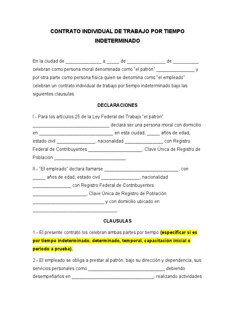 Contrato Individual de Trabajo Por Tiempo Indeterminado | PDF | Salario ...