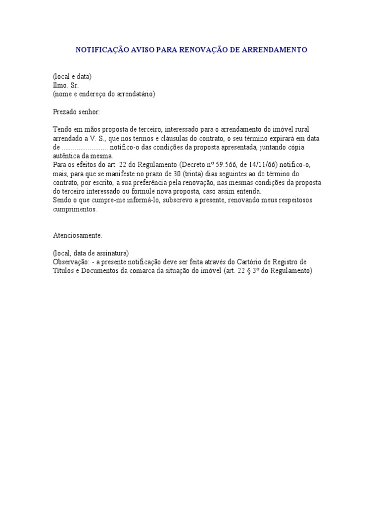 Notificacao Aviso para Renovacao de Arrendamento | PDF