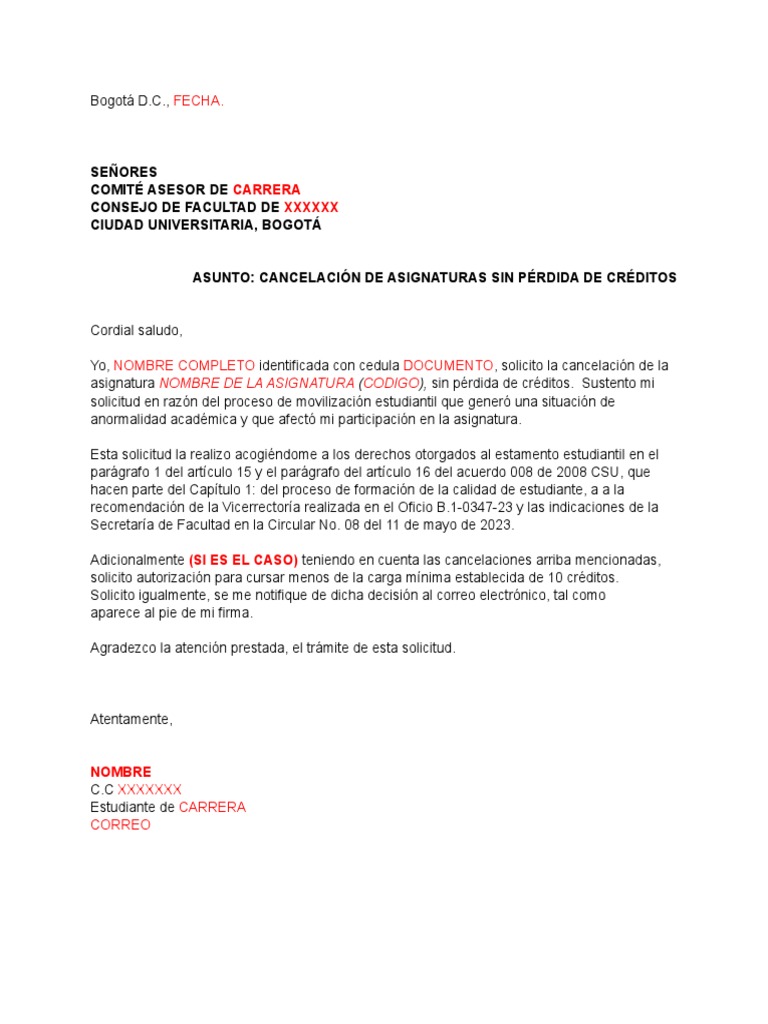 Modelo Carta Cancelación de Asignaturas | PDF