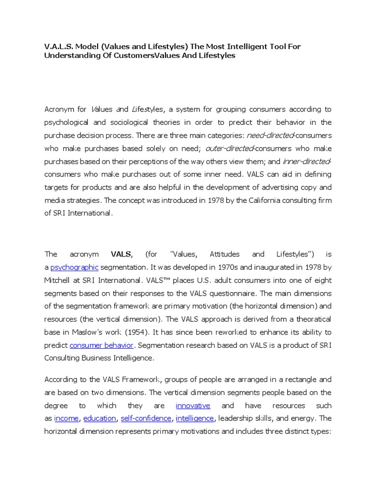 V.A.L.S. Model (Values and Lifestyles) The Most Intelligent Tool For Understanding of ...