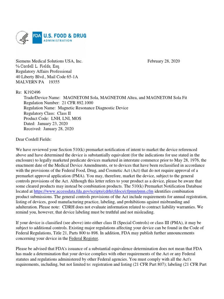 K192496 FDA Siemens Sola Highlighted Manufacturer | PDF | Federal Food ...