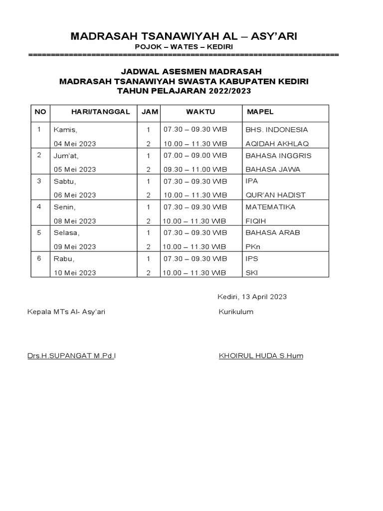 Jadwal Asesmen Madrasah Revisi | PDF