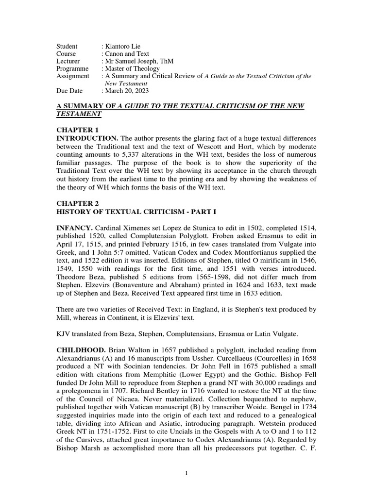 A Summary and Critical Review of A Guide To The Textual Criticism of ...