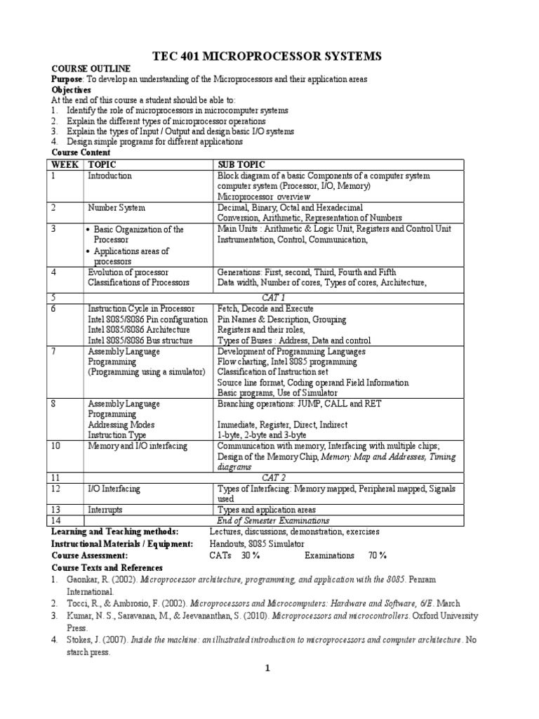 TEC 401 Microprocessor Systems Outline May 2023 | PDF | Central Processing Unit | Assembly Language