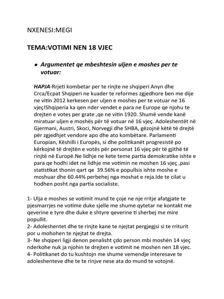 Tema:Votimi Nen 18 Vjec: Nxenesi:Megi | PDF