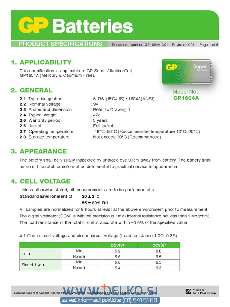GP1604A Super Alkaline Battery Specs | PDF | Electricity | Manufactured ...