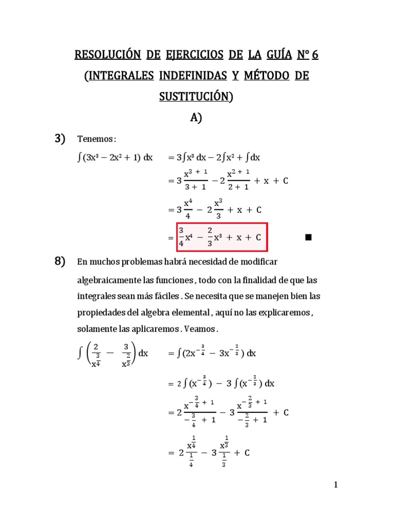 Ejercicios de La Guía 6 (Integrales Indefinidas y Método de Sustitución ...