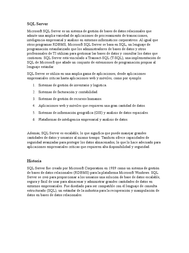 SQL Server | PDF | Servidor SQL de Microsoft | Bases de datos SQL Server | PDF | Servidor SQL de Microsoft | Bases de datos