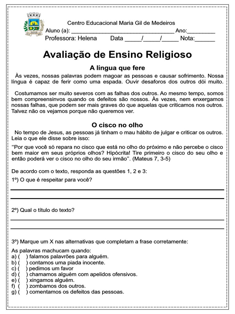 05 - Prova Julho Ensino Religioso | PDF | Amor