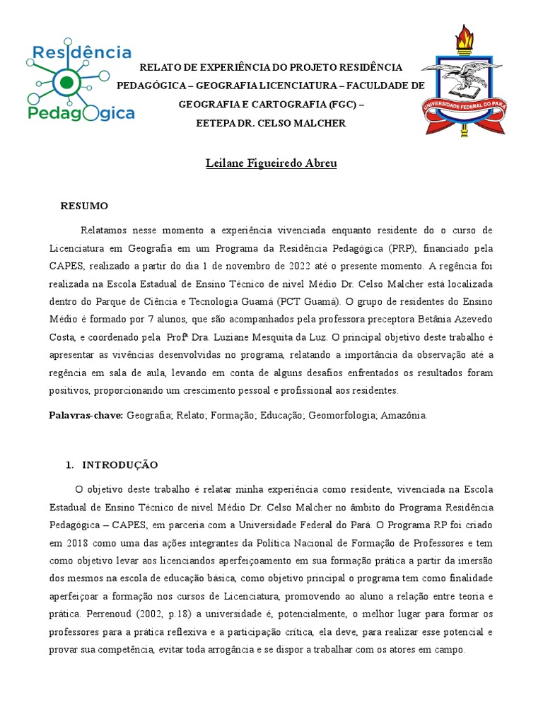 RELATO DE EXPERIÊNCIA DO PROJETO RESIDÊNCIA PEDAGOGICA- LEILANE | PDF ...