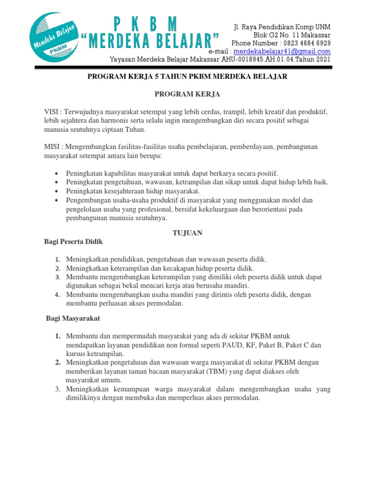 Program Kerja PKBM Merdeka Belajar | PDF