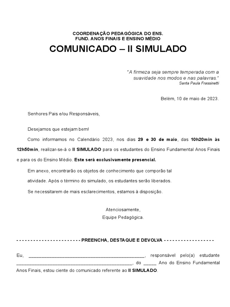 Comunicado-II Simulado e Objetos de Conhecimentos 9o ANO | PDF | Pedagogia | Linguística