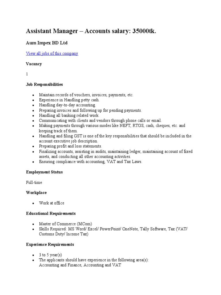 Assistant Manager, Aum Impex | PDF | Value Added Tax | Taxes