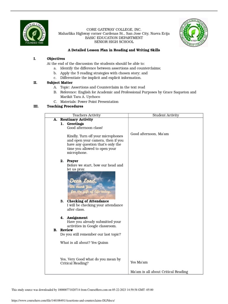 Assertions and Counterclaims - DLP | PDF | Argument | Lesson Plan