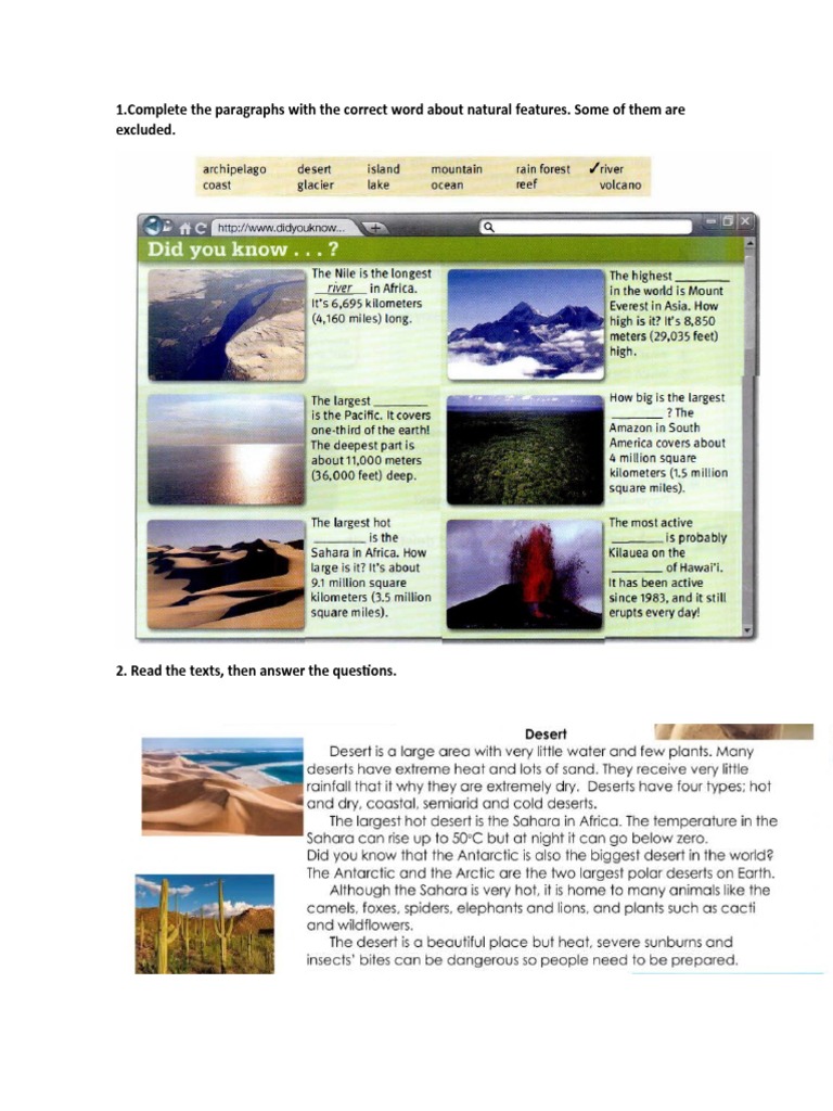 Vocabulary and Reading Activity - Natural Features | PDF