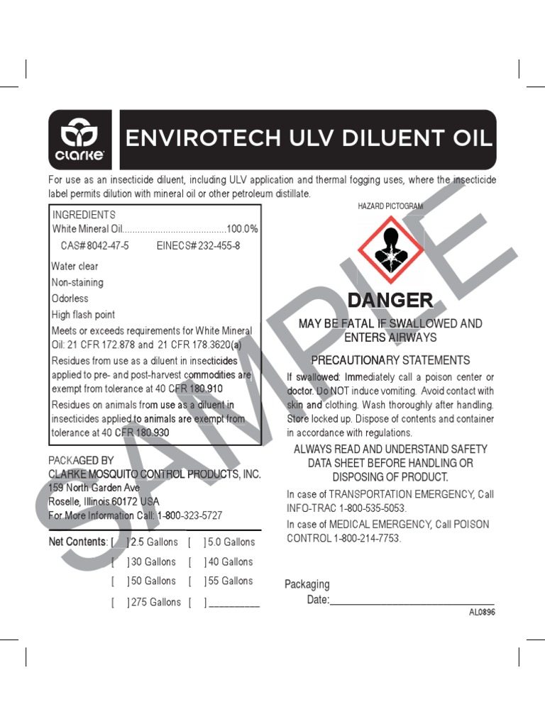 AL0896 Envirotech ULV Diluent Oil - SAMPLE - Label | PDF | Chemistry ...