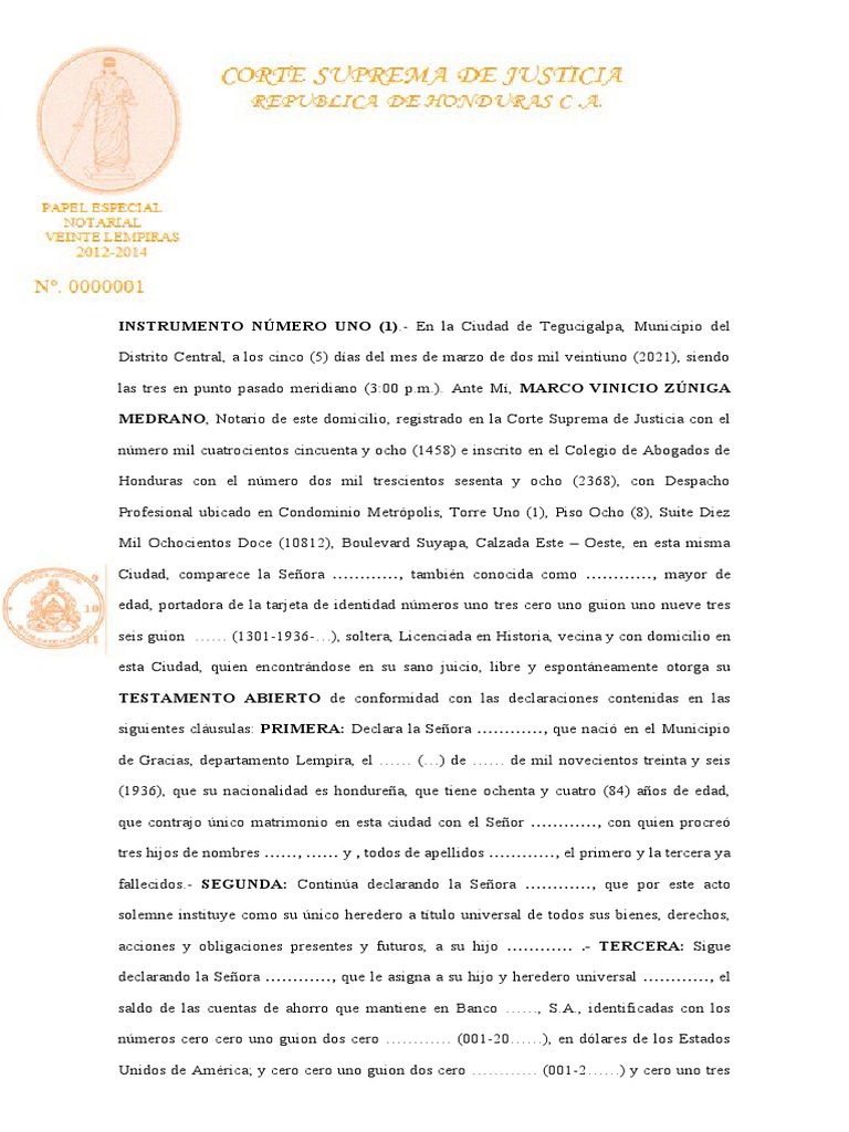 Formato de Testamento Abierto | PDF | Derecho Civil (Common Law)