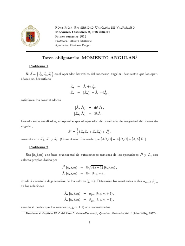 Tarea sobre Momento Angular en Mecánica Cuántica | PDF
