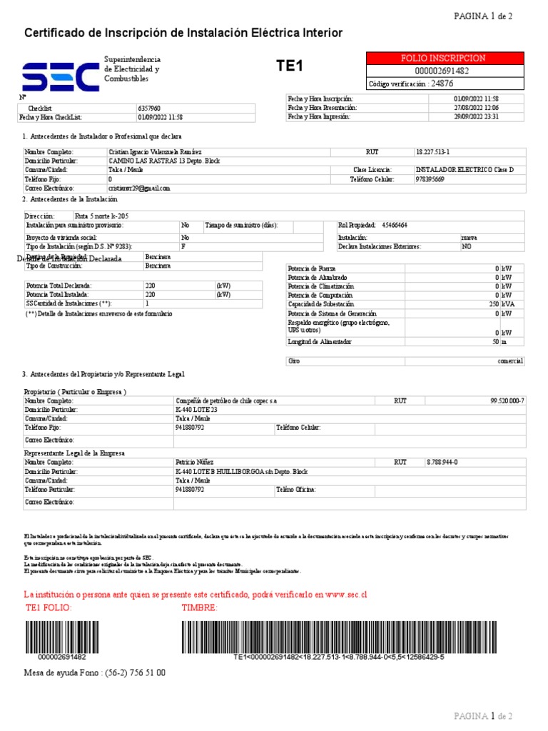 Certificado de Inscripción de Instalación Eléctrica Interior | PDF