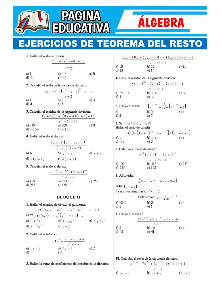 Ejercicios de Teorema Del Resto Pagina Educativa | PDF