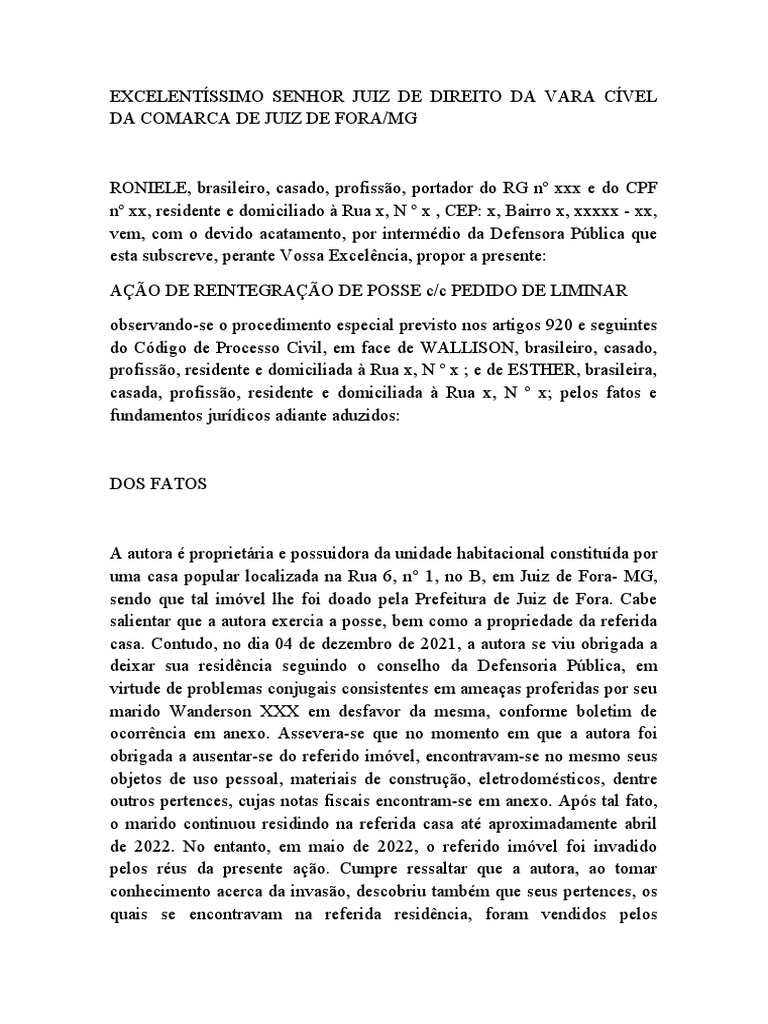 Reintegração De Posse Pdf Réu Injunção