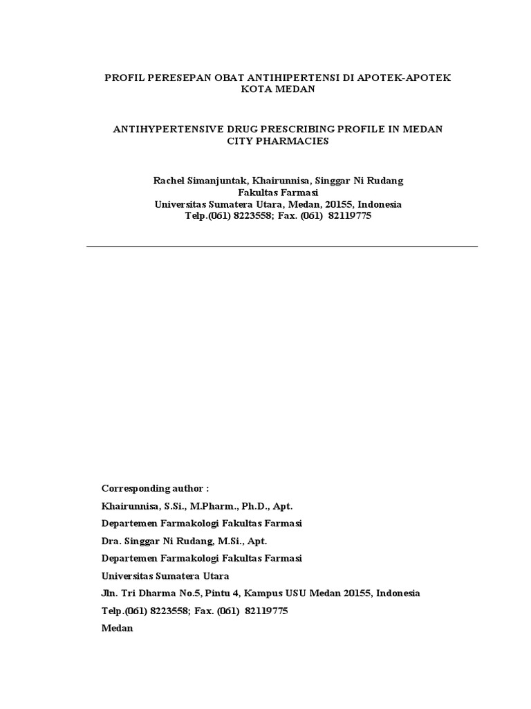 Jurnal Profil Peresepan Obat Antihipertensi Di Apotek Rachel Simanjuntak | PDF